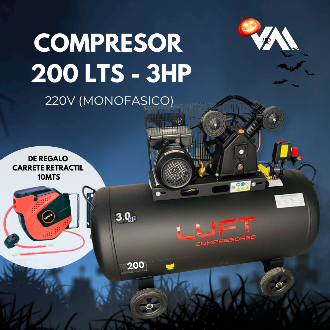Pack Compresor 200 Litros 3HP Luft + Carrete Retractil Yato 10MT