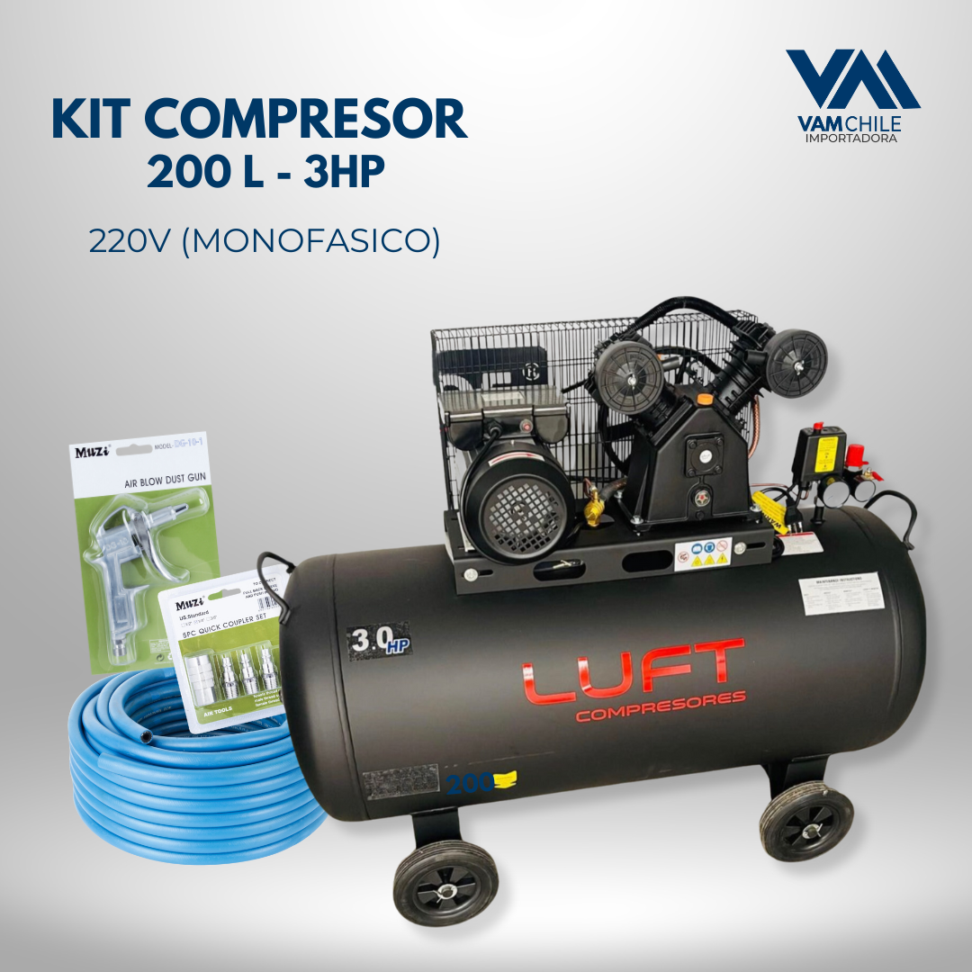 Pack Compresor 200 L- 3HP Luft + Manguera 5/16 x 20Mts + Kit de Acople